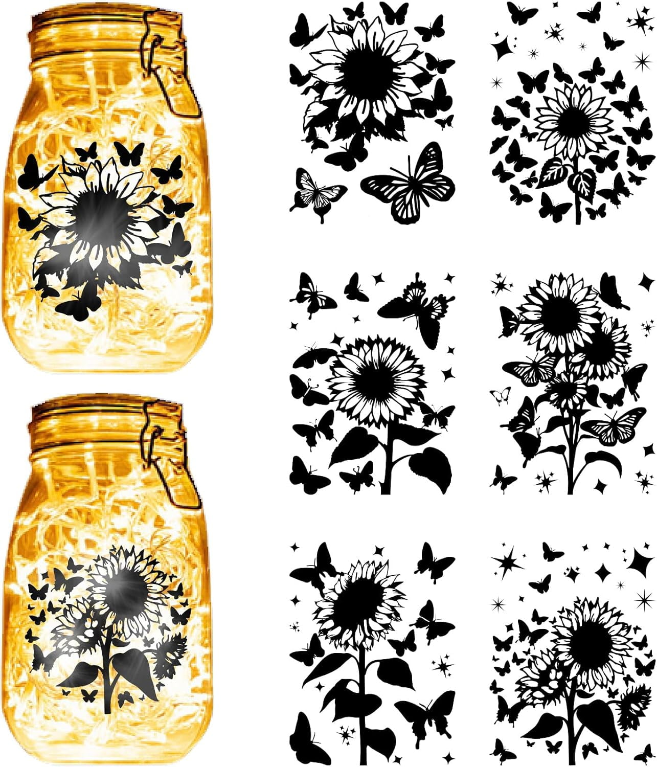 12 Sheets 6 Styles Sunflower Mason Jar Decals Black Butterfly Stickers ...