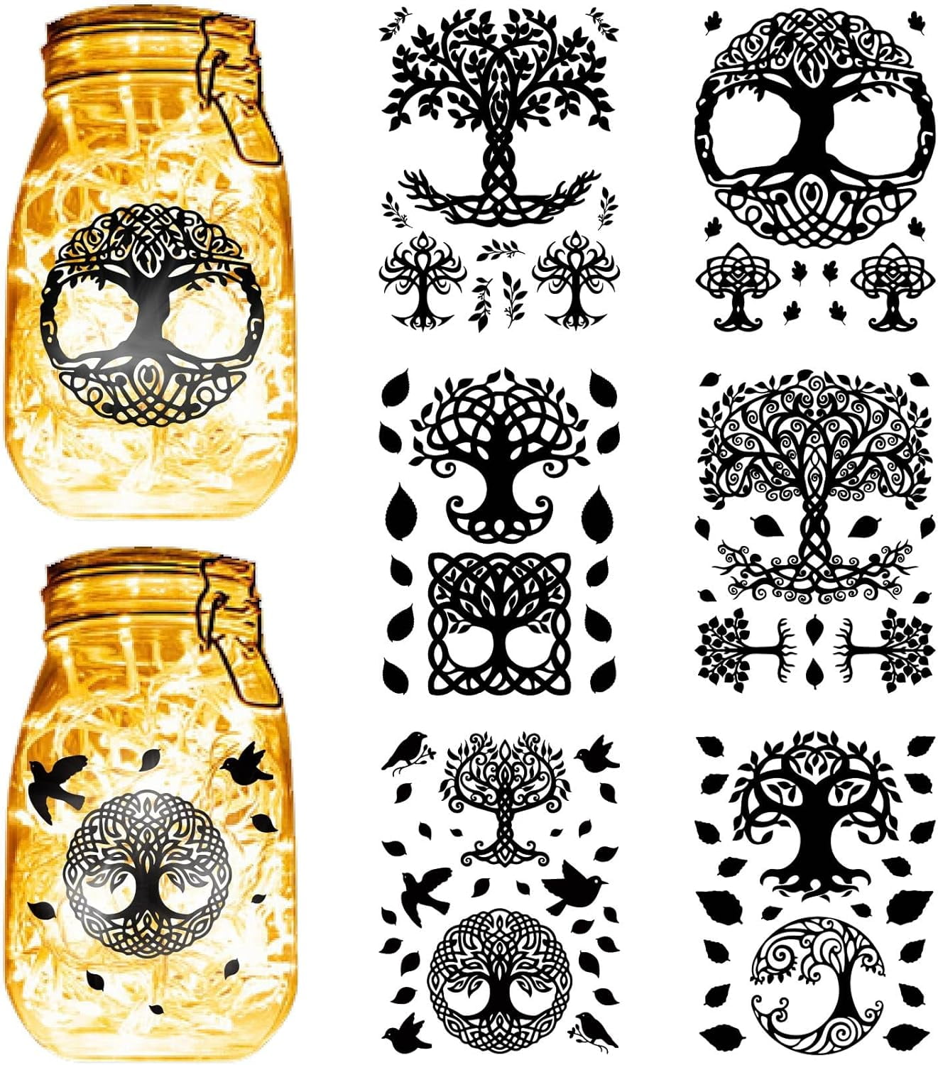 12 Sheets 6 Styles Tree of Life Mason Jar Decals Leaf Stickers Die Cuts ...