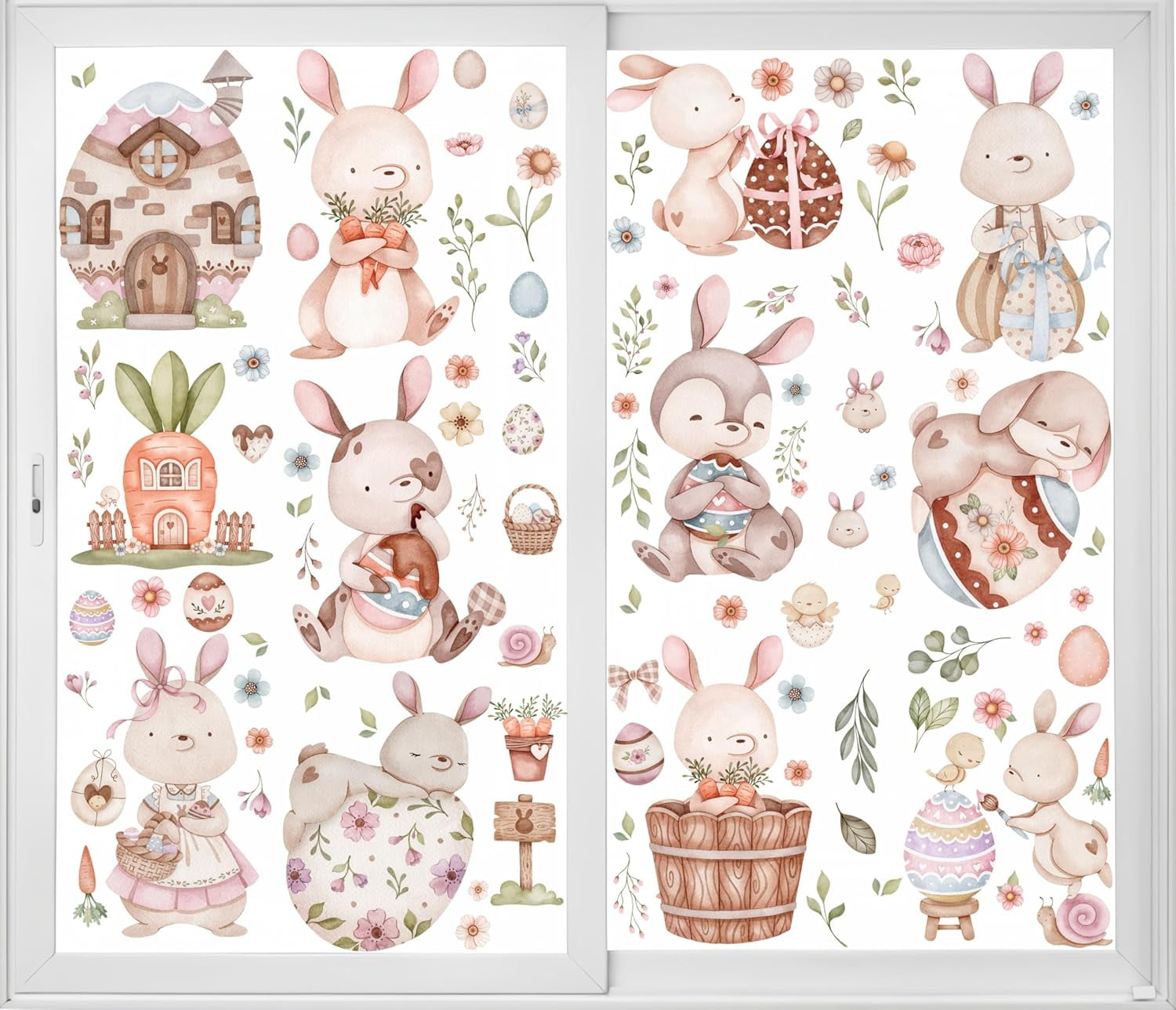 12 Sheets Big Size Easter Window Clings - Cute Bunny Eggs & Flowers ...