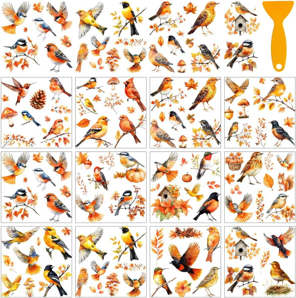 12 Sheets Bird Rub On Transfer Stickers with Scraper Fall Bird Stickers ...