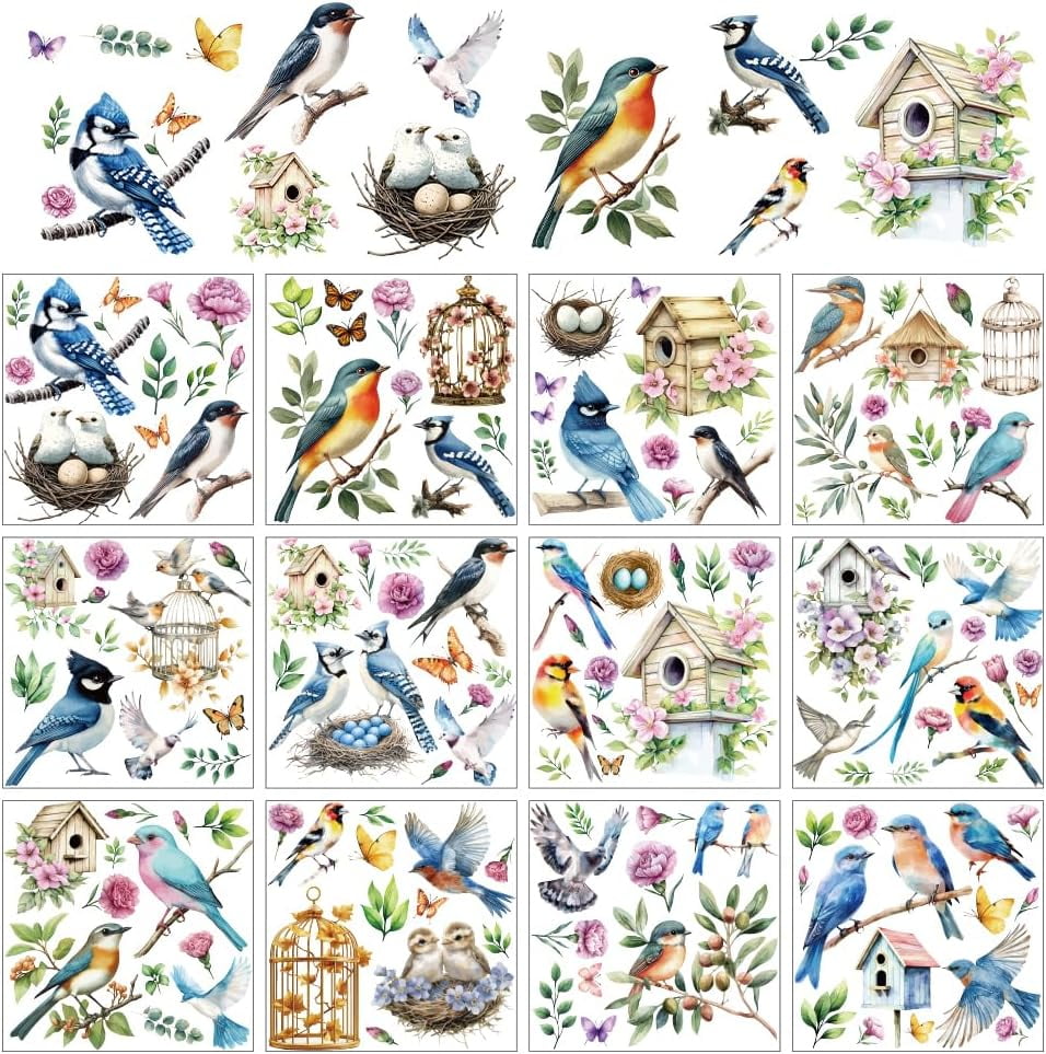 12 Sheets Birds Flower Rub on Transfers for Crafts Birdhouses Birdcages ...