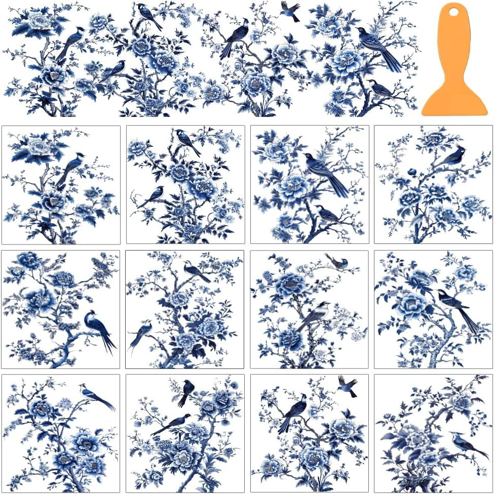 12 Sheets Blue Bird with Branch Rub on Transfer Stickers Flowers Window ...