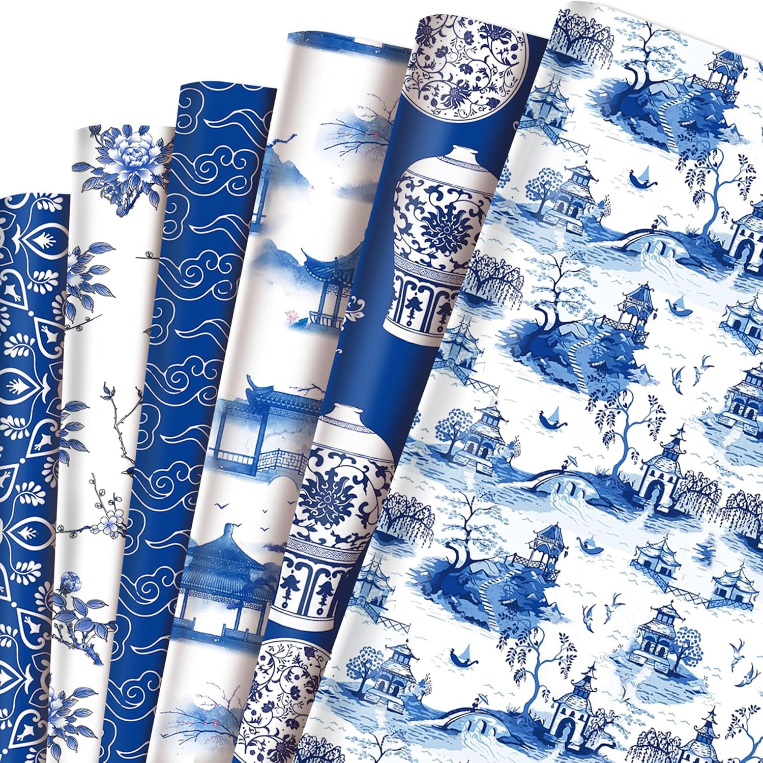 12 Sheets Blue Chinoiserie Wrapping Paper, 19.7 x 27.6 Inch Classic ...