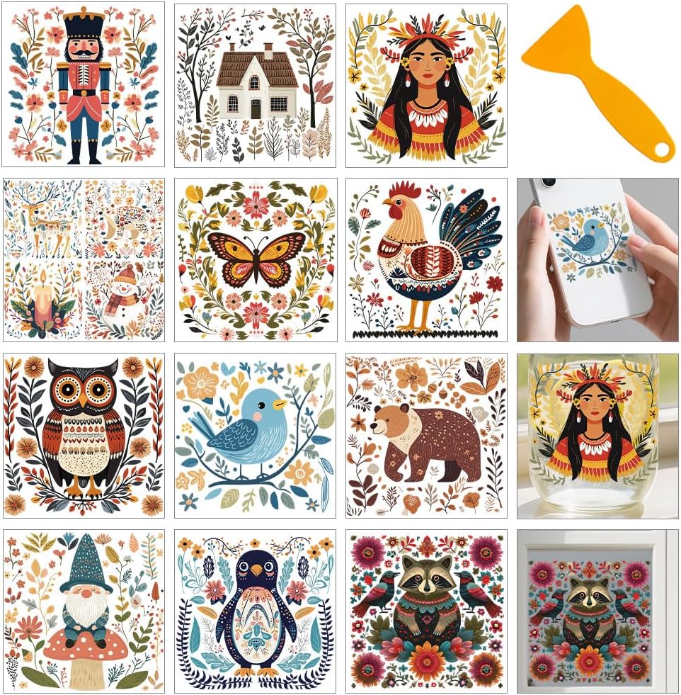 12 Sheets Boho Winter Flat Illustration Rub on Transfers 12 Styles Owl ...
