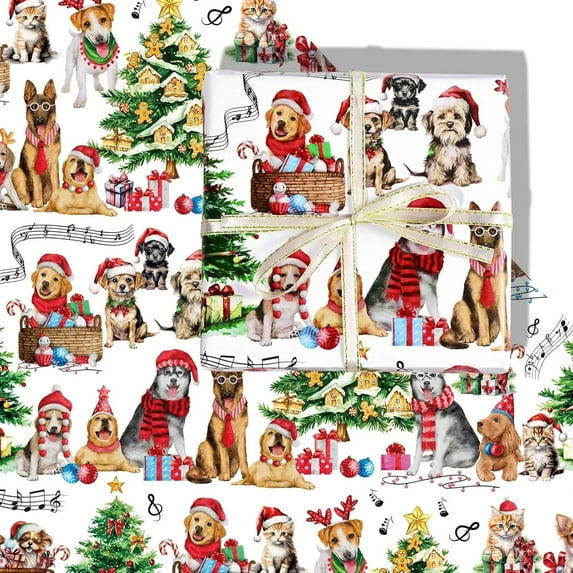 12 Sheets Christmas Animal Wrapping Paper Christmas Dogs Cats Gift Wrap ...
