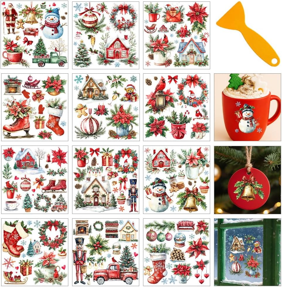 12 Sheets Christmas Rub on Stickers for DIY Crafts and Furniture 12 ...