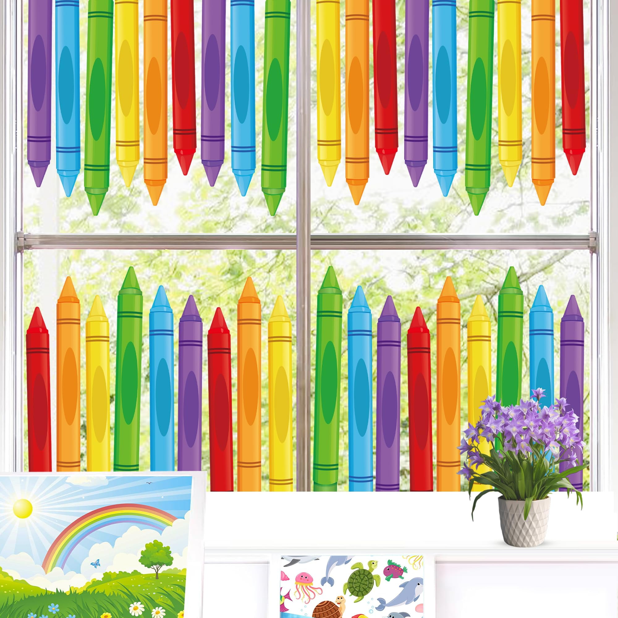 12 Sheets Colorful Crayon Window Clings Double Sided Window Stickers ...