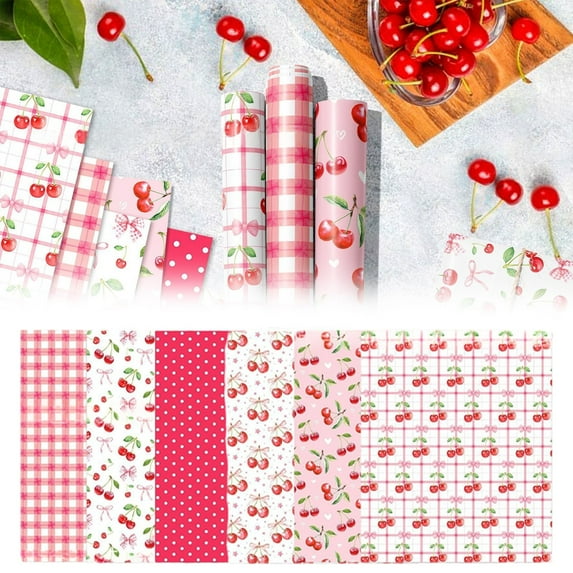 12 Sheets Cute Cherry & Bow Wrapping Paper Pink Valentine's Day ...