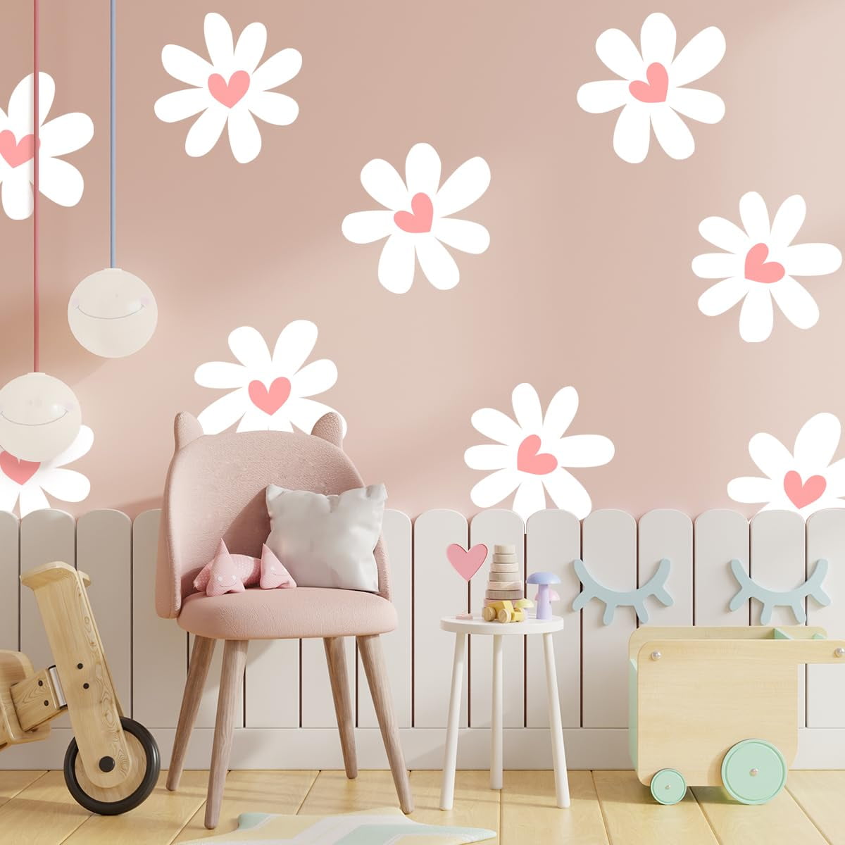 12 Sheets Daisy Wall Decals, Pink Heart Decals Boho Flower Wall Decals ...