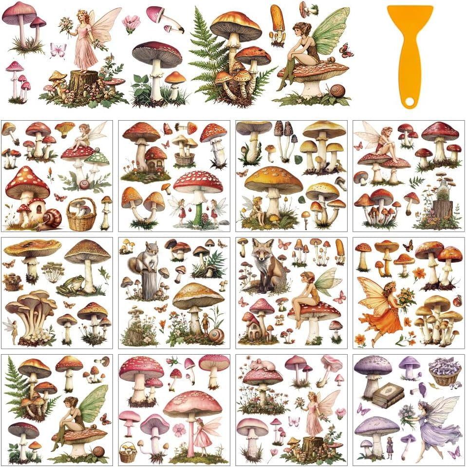 12 Sheets Dream Mushrooms Rub on Transfers for DIY Crafts Flower ...