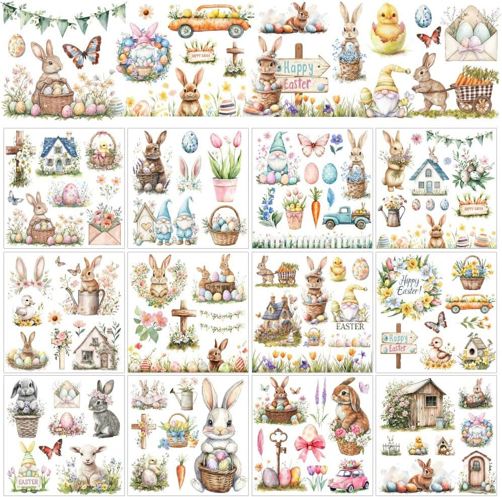 12 Sheets Easter Rabbits Rub on Transfers for Crafts Animals Flowers ...