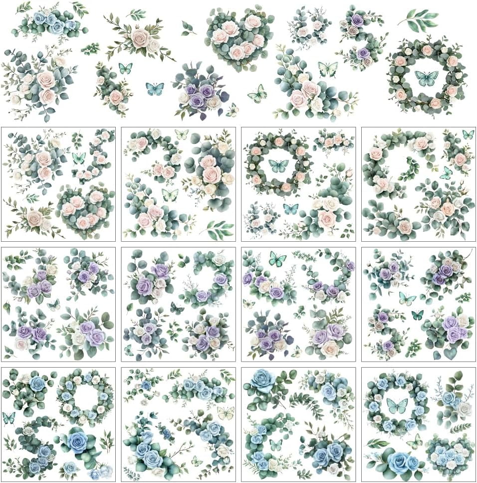 12 Sheets Eucalyptus Rub on Transfers for Crafts Roses Flower Garland ...