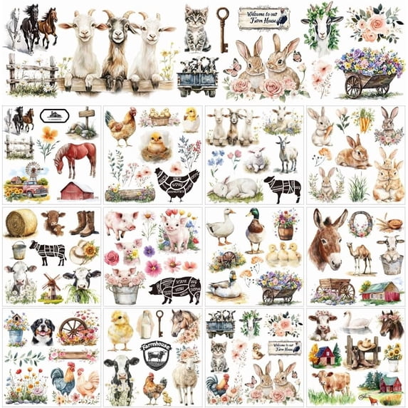12 Sheets Farm Animal Rub on Transfer Stickers Farmhouse Rub on ...