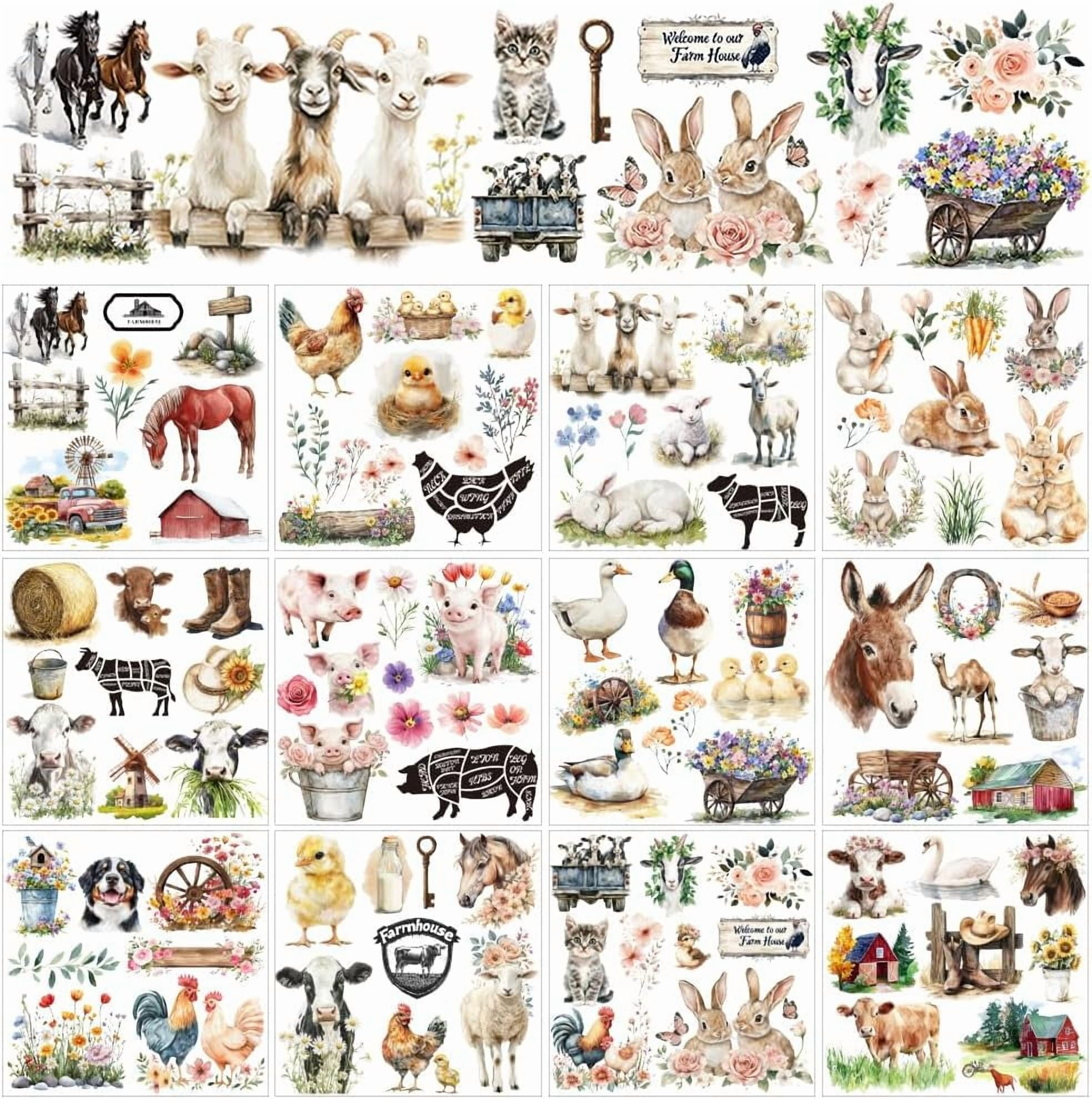 12 Sheets Farm Animal Rub on Transfer Stickers Farmhouse Decals Chicken ...