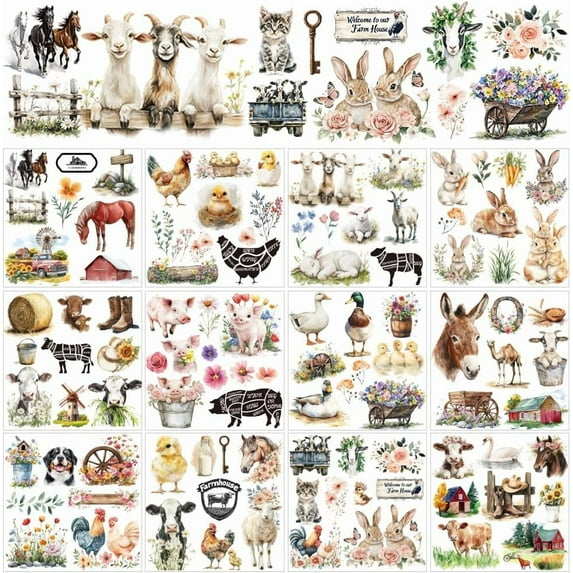 12 Sheets Farm Animal Rub on Transfer Stickers Farmhouse Decals Chicken ...
