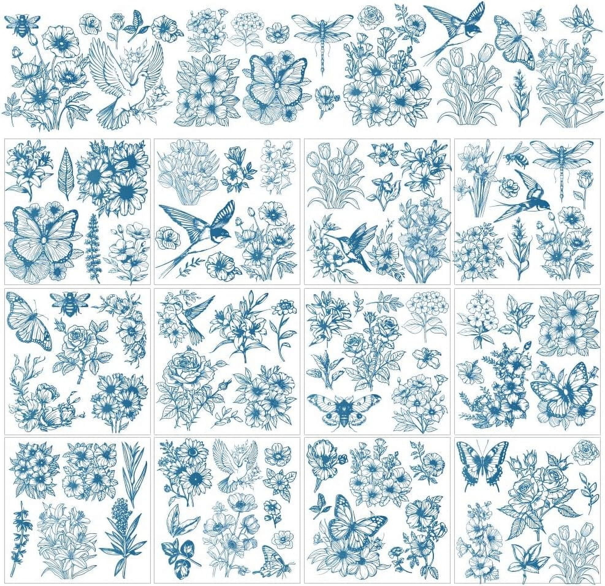 12 Sheets Floral Bird Rub on Transfers for Crafts Flower and Butterfly ...