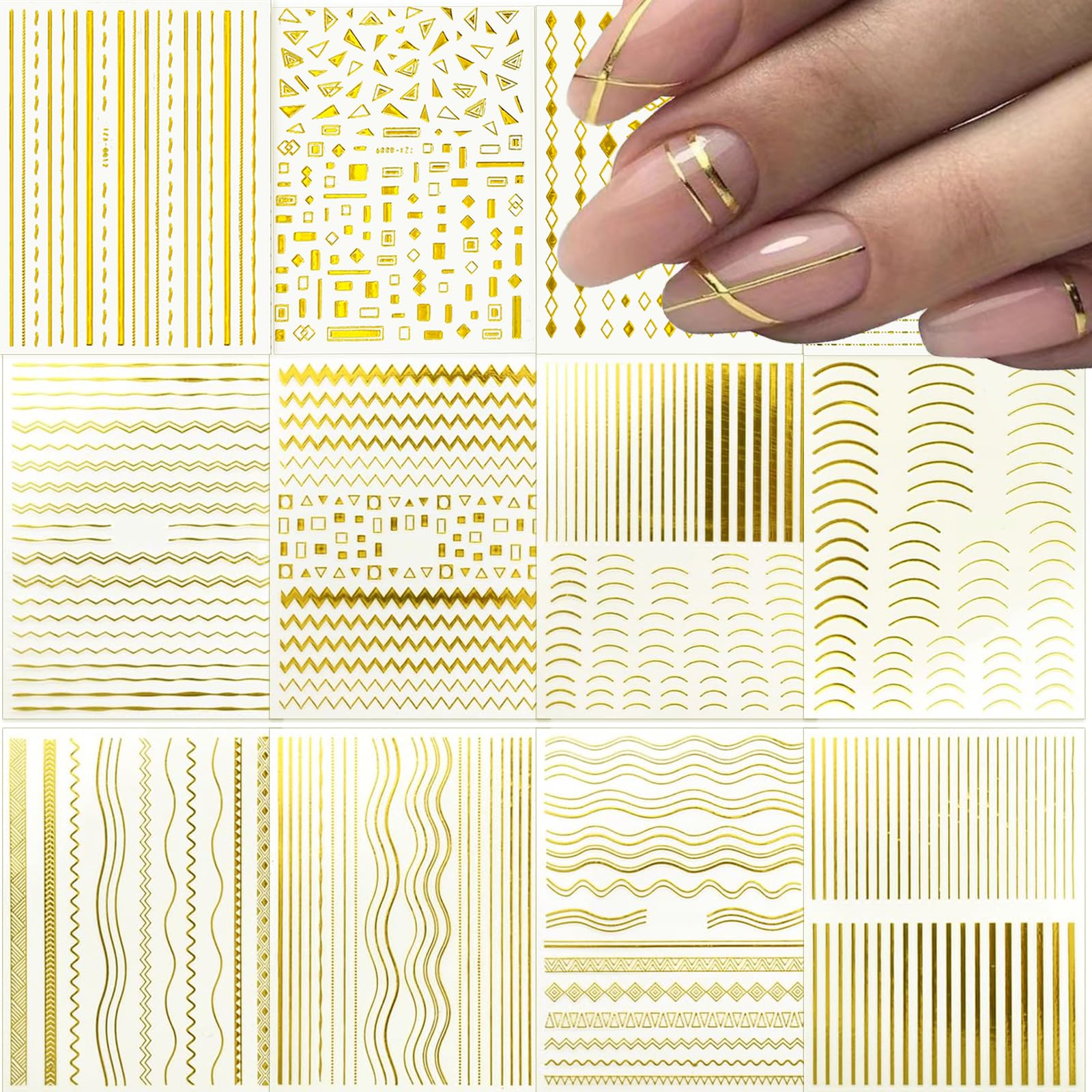 12 Sheets Gold Line Nail Stickers Decals 3D Self Adhesive Nail Decals ...