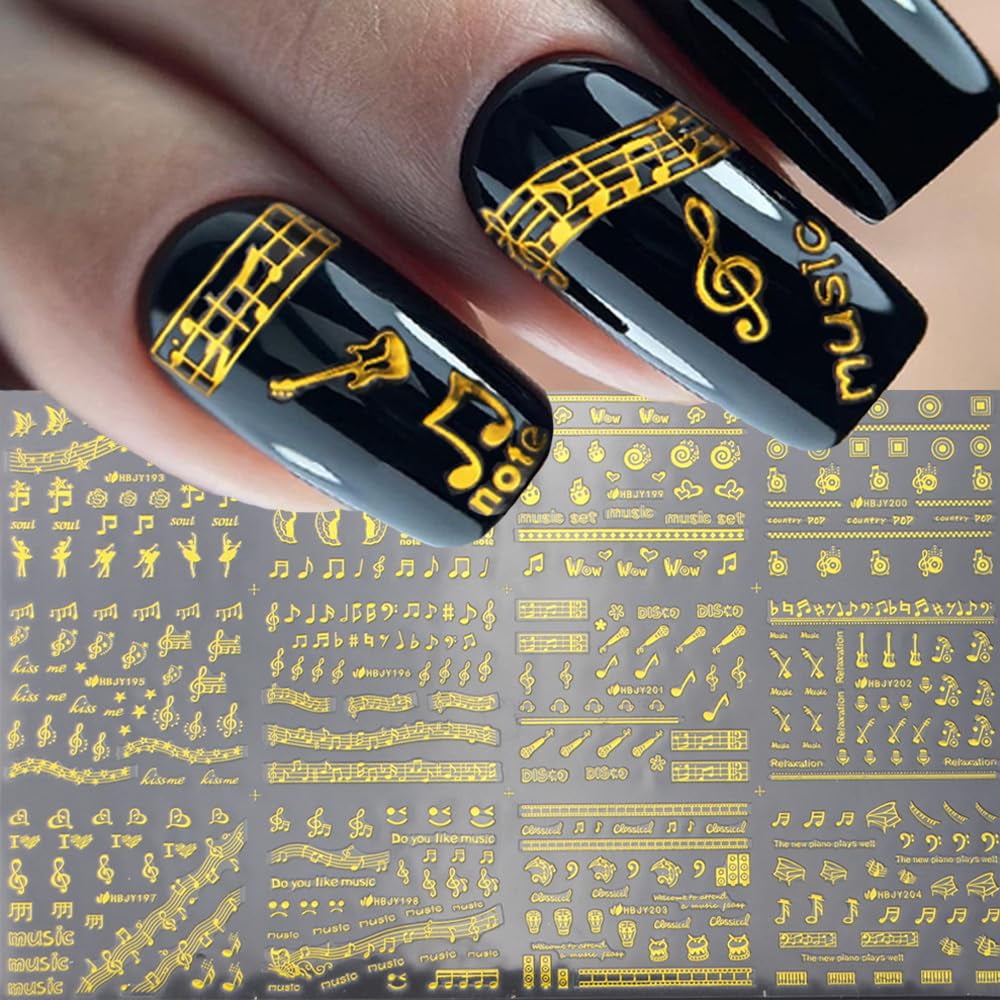 12 Sheets Gold Music Notes Nail Sticker Decals- Metallic Nail Supplies ...