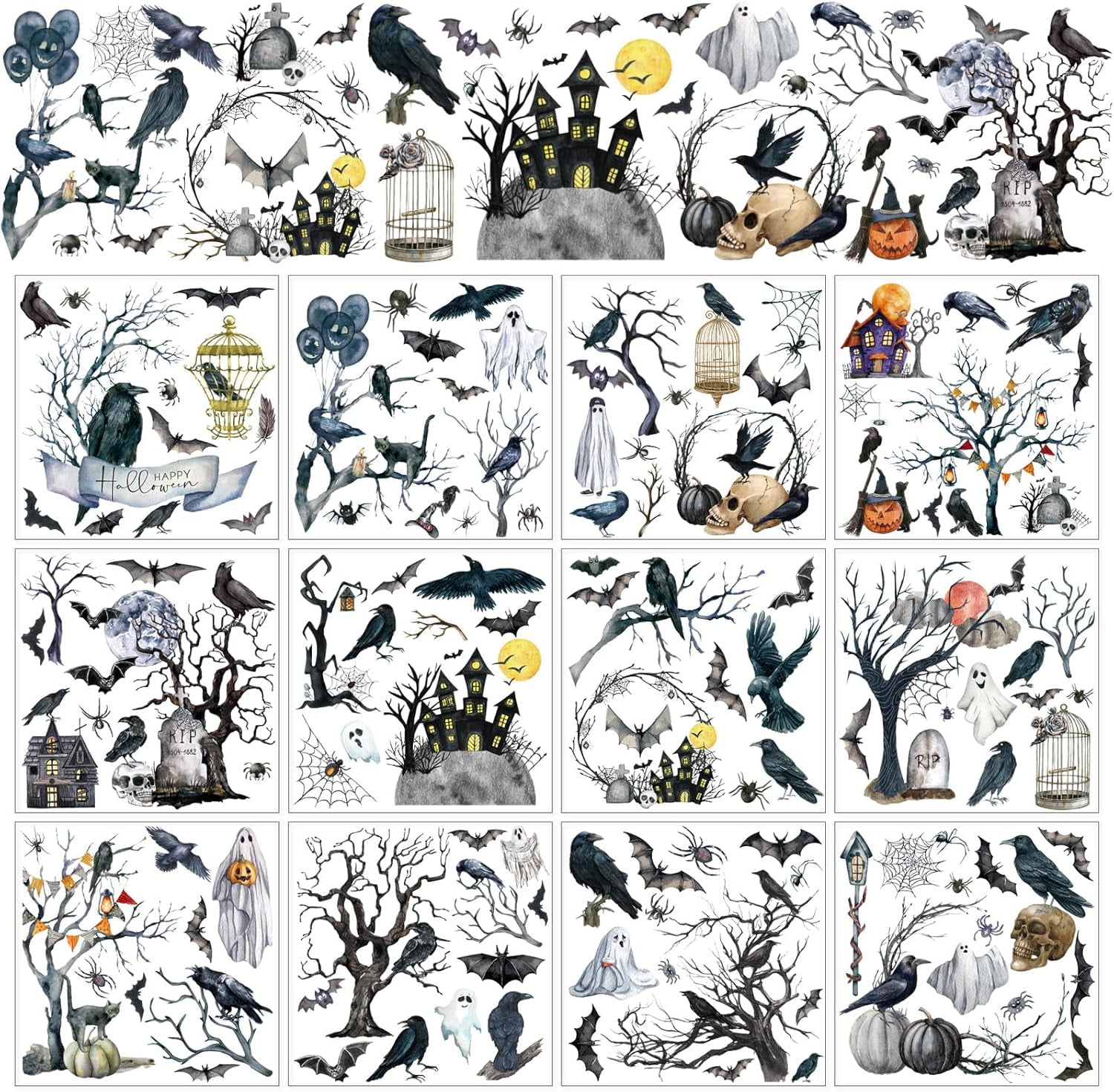 12 Sheets Halloween Rub on Transfer for Crafts Crow Ghost Bat Skull Rub ...