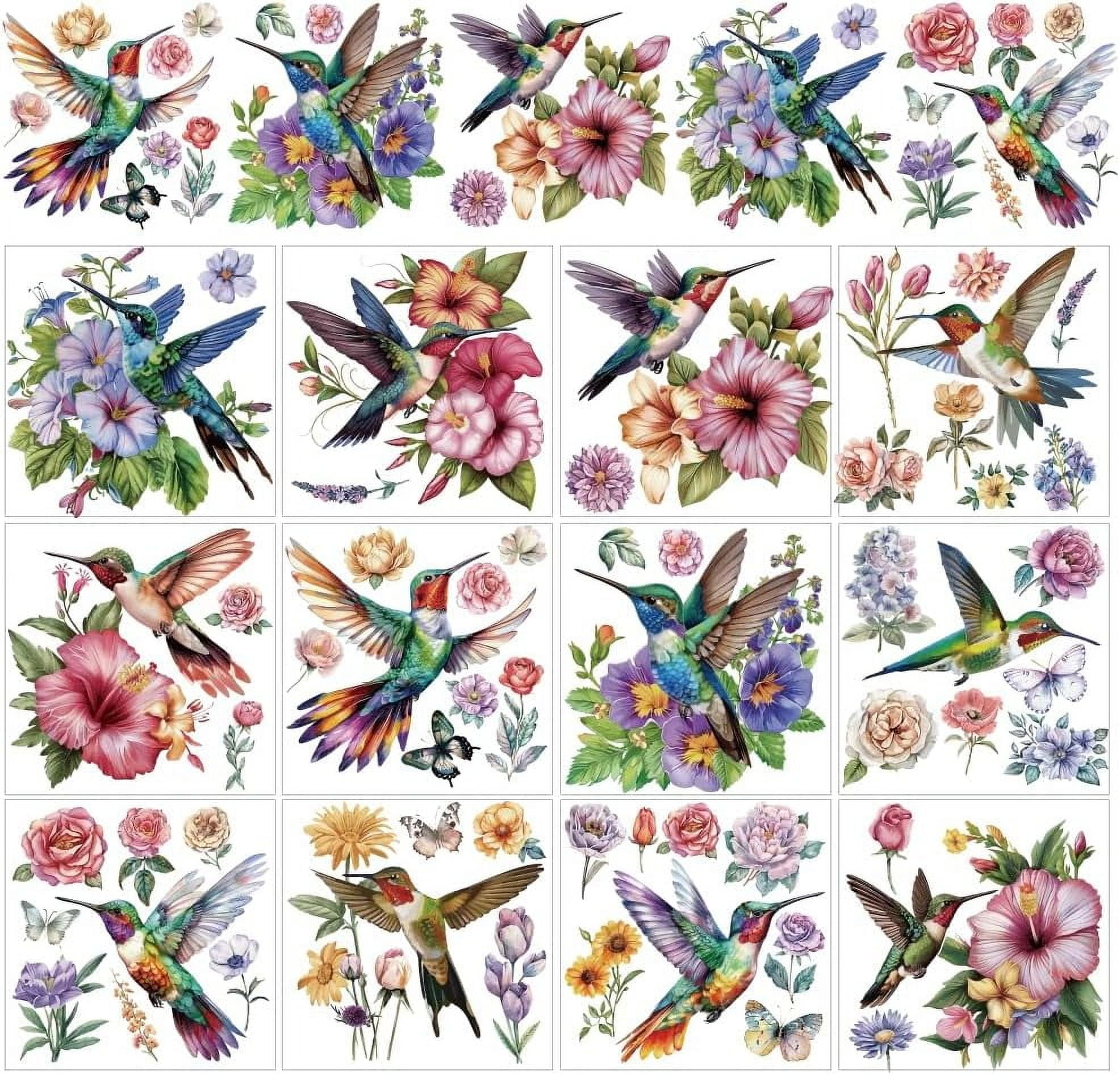 12 Sheets Hummingbird and Flower Rub on Transfers for Crafts Birds Rub ...