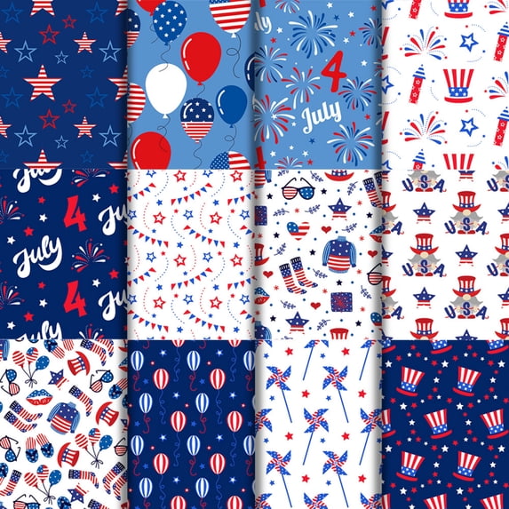 12 Sheets Independence Day Patriotic Pattern Paper Red White Blue ...