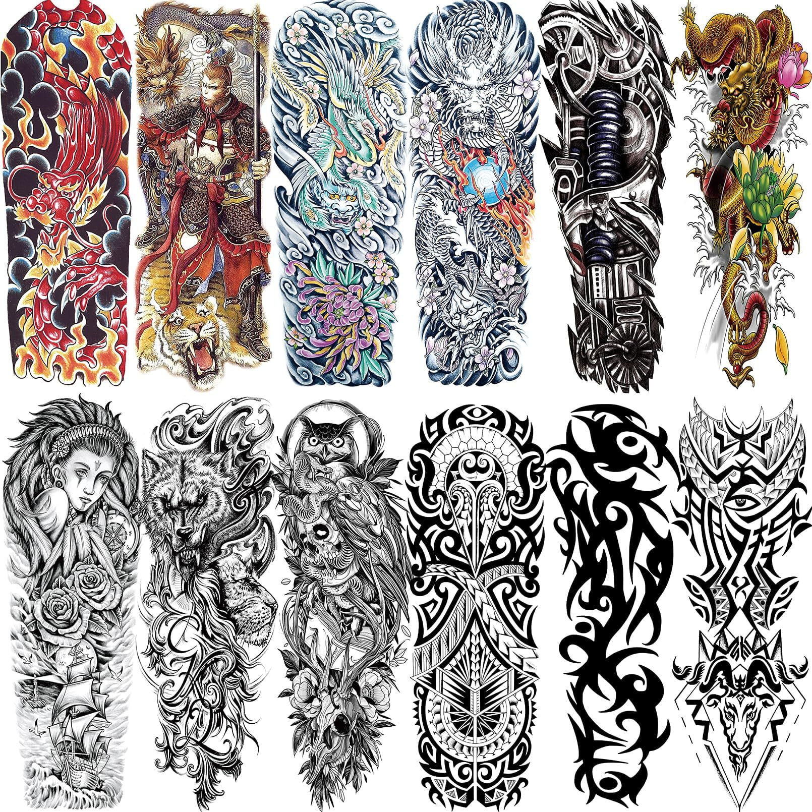 12 Sheets Large Full Arm Temporary Tattoos for Adults, Waterproof ...