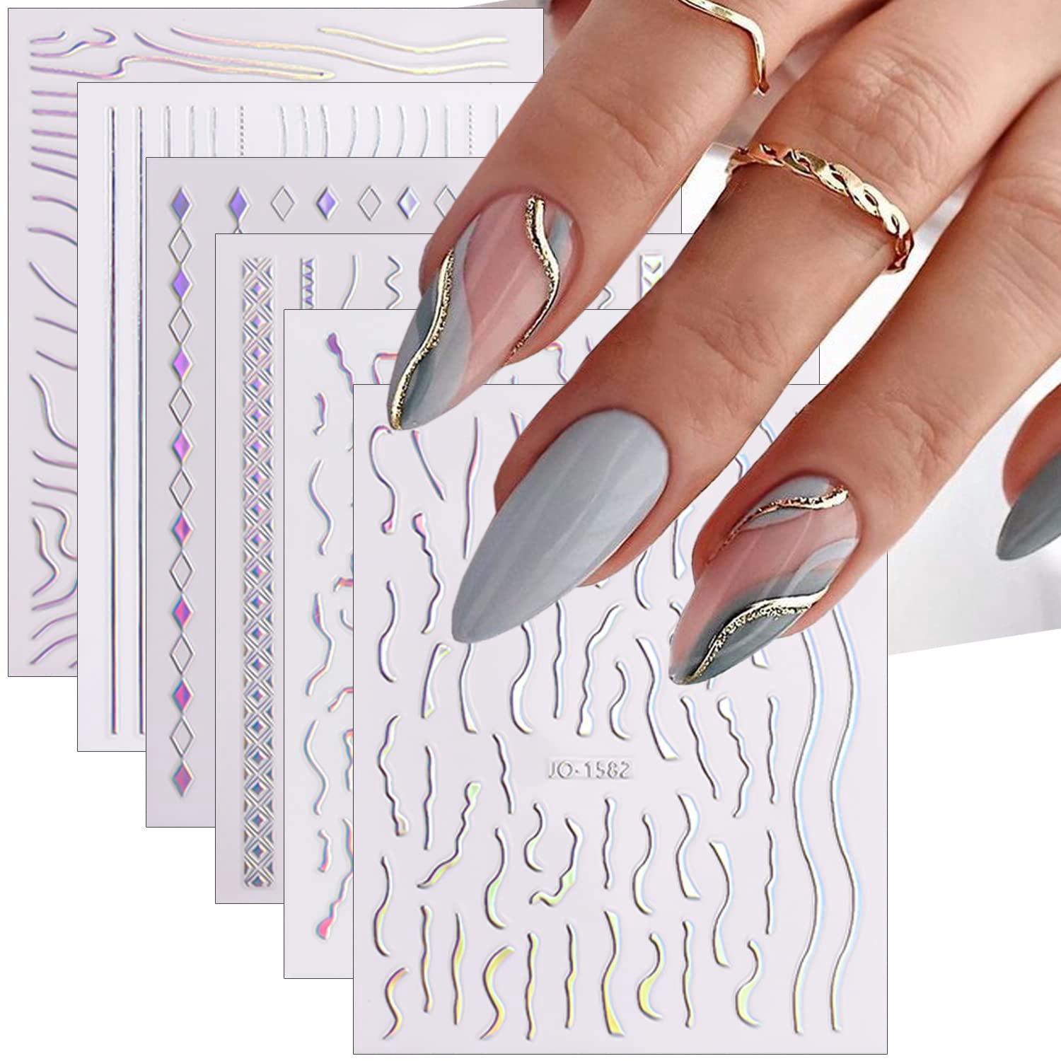 12 Sheets Line Nail Art Stickers Decals 3D Nail Stickers Holographic ...