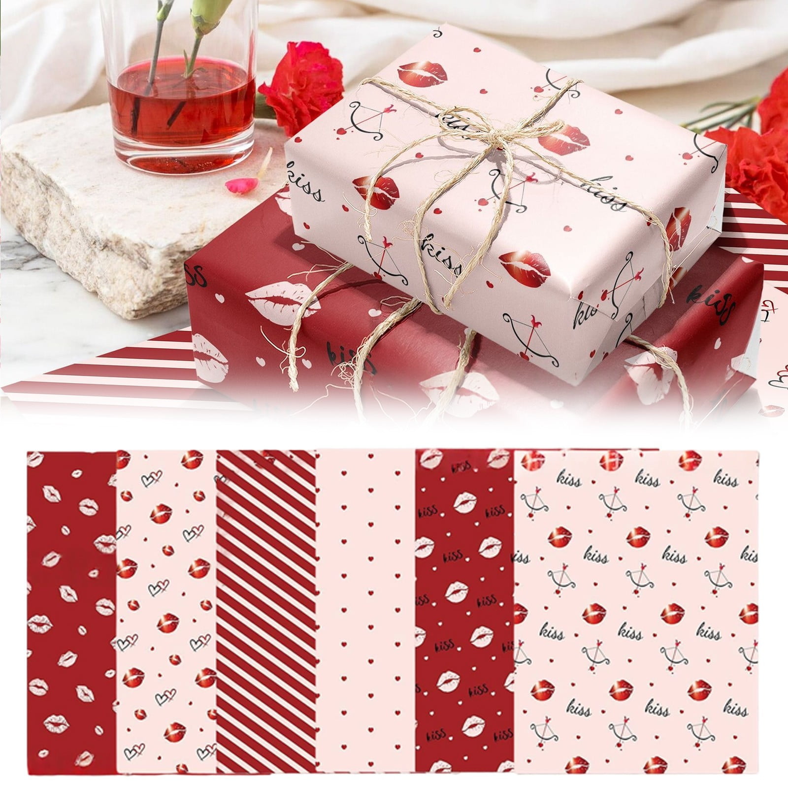 12 Sheets Love Heart Lip Print Wrapping Paper,27 x 20 Inch Cute Pink ...