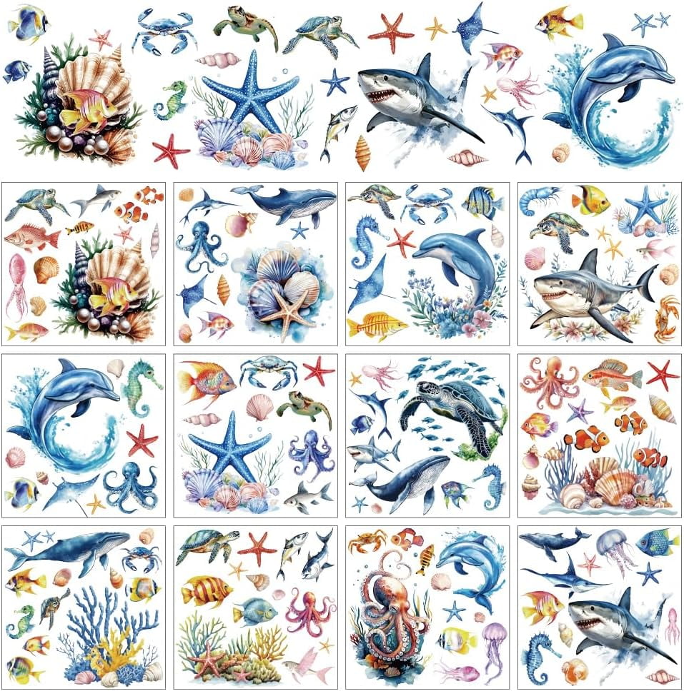 12 Sheets Marine Life Rub on Transfers for Crafts Ocean Theme Turtles ...