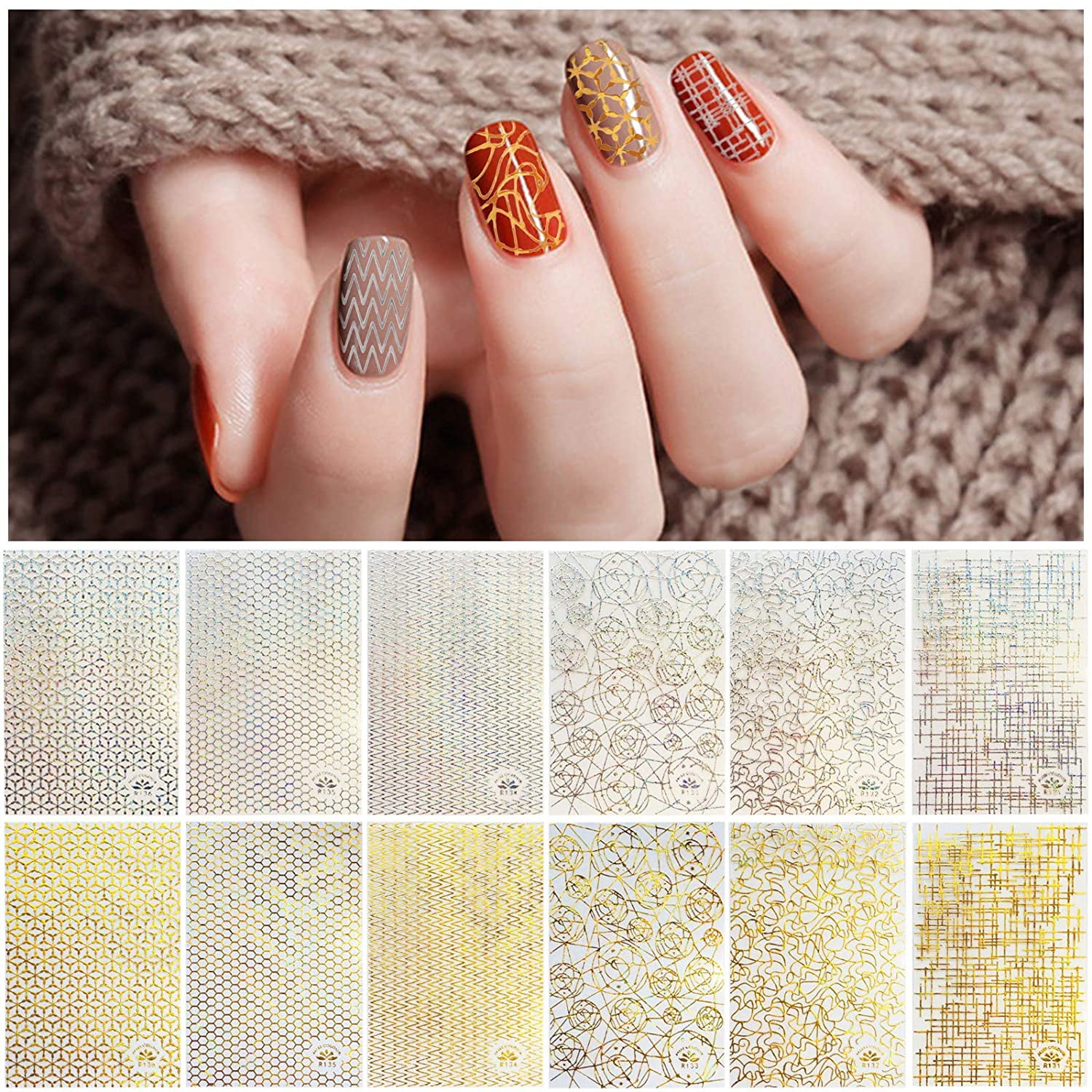 12 Sheets Metallic Self-Adhesive Nail Stickers Decals for Women ...