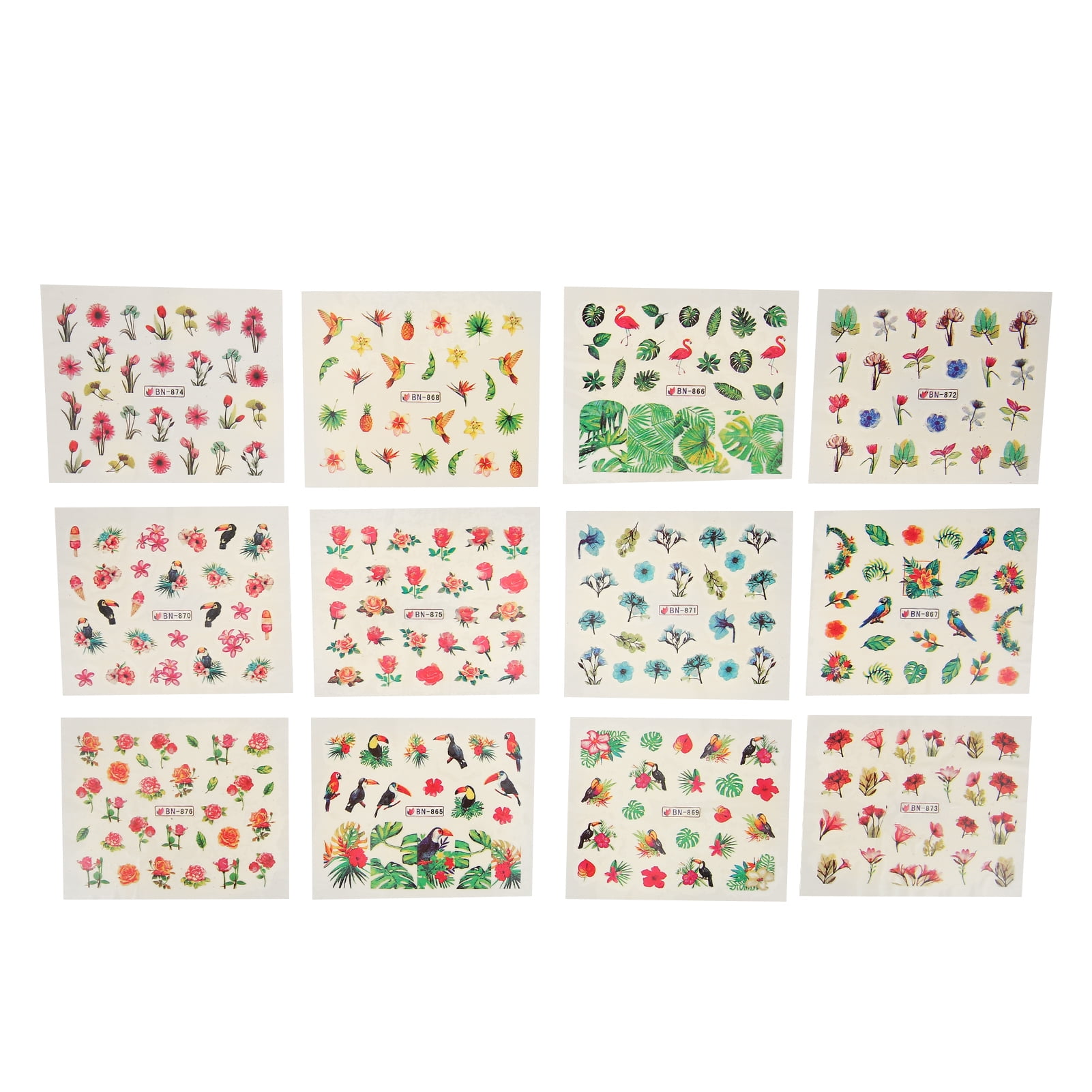 12 Sheets Nail Art Stickers Natural Plants Leaves Flowers Water ...