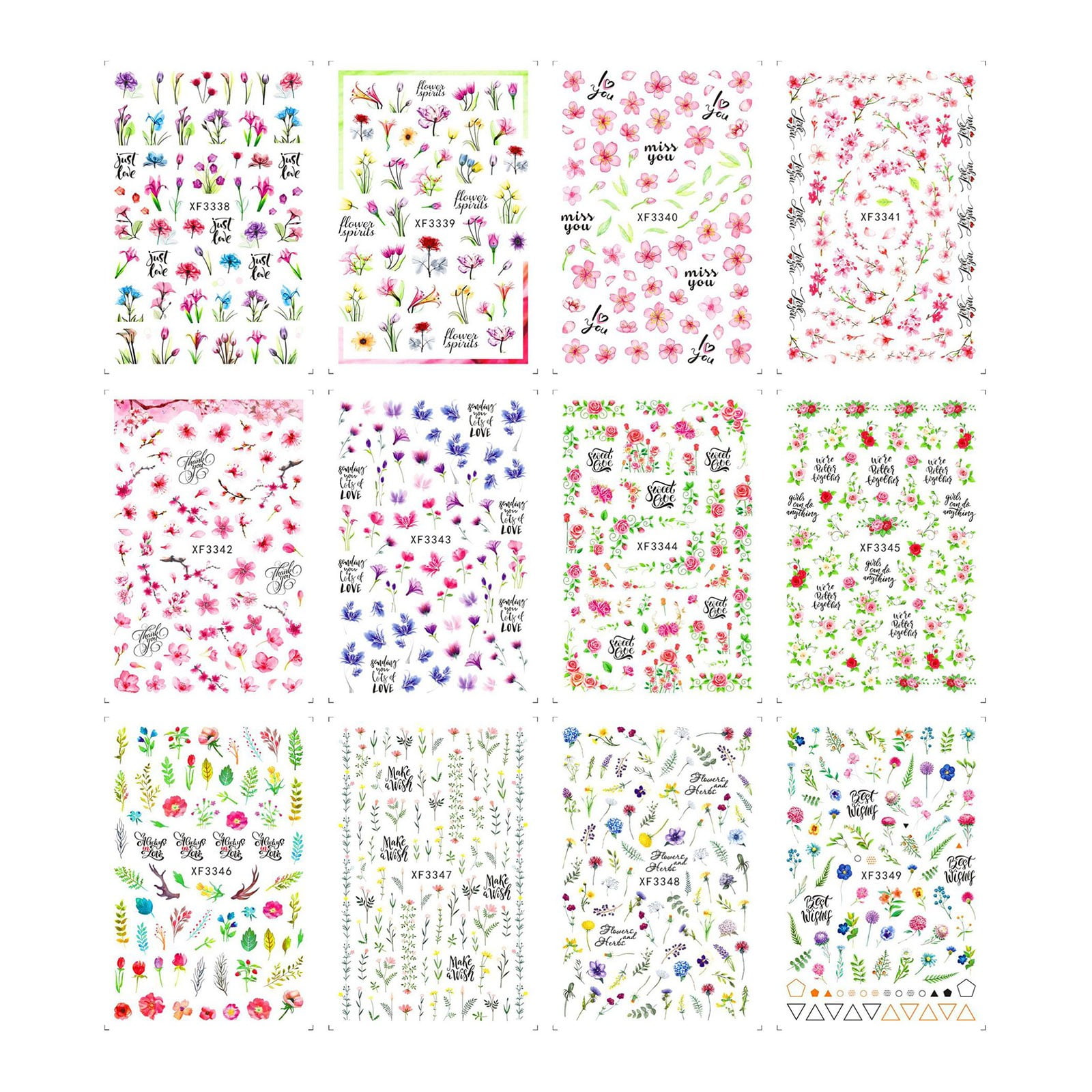 12 Sheets Nail Stickers Flower Rose Green Nail Decals Adhesive Nail ...