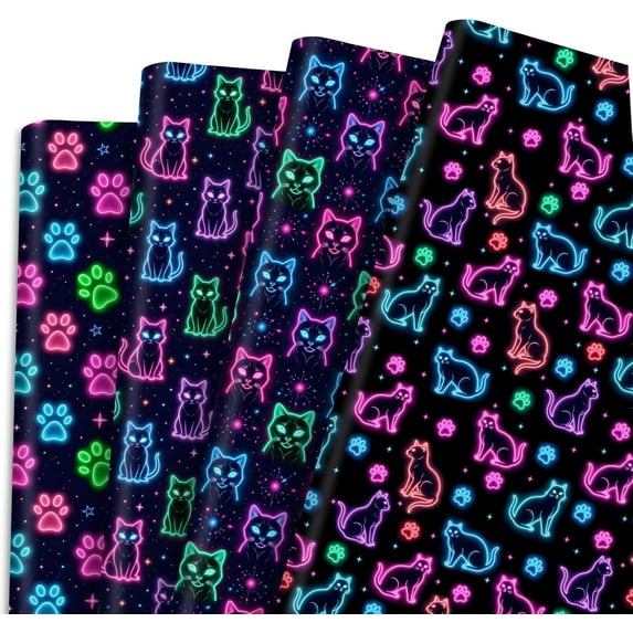 12 Sheets Neon Cat Wrapping Paper, Glow Cat Paw Print Gift Wrap ...