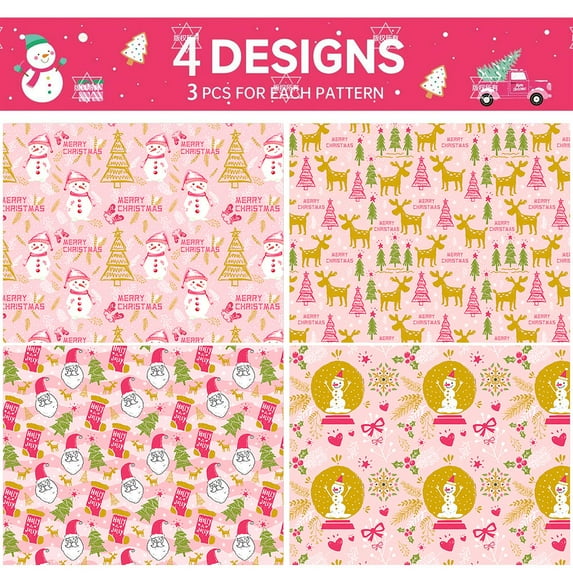 12 Sheets Pink Christmas Wrapping Paper Santa Claus Snowman Design Gift ...