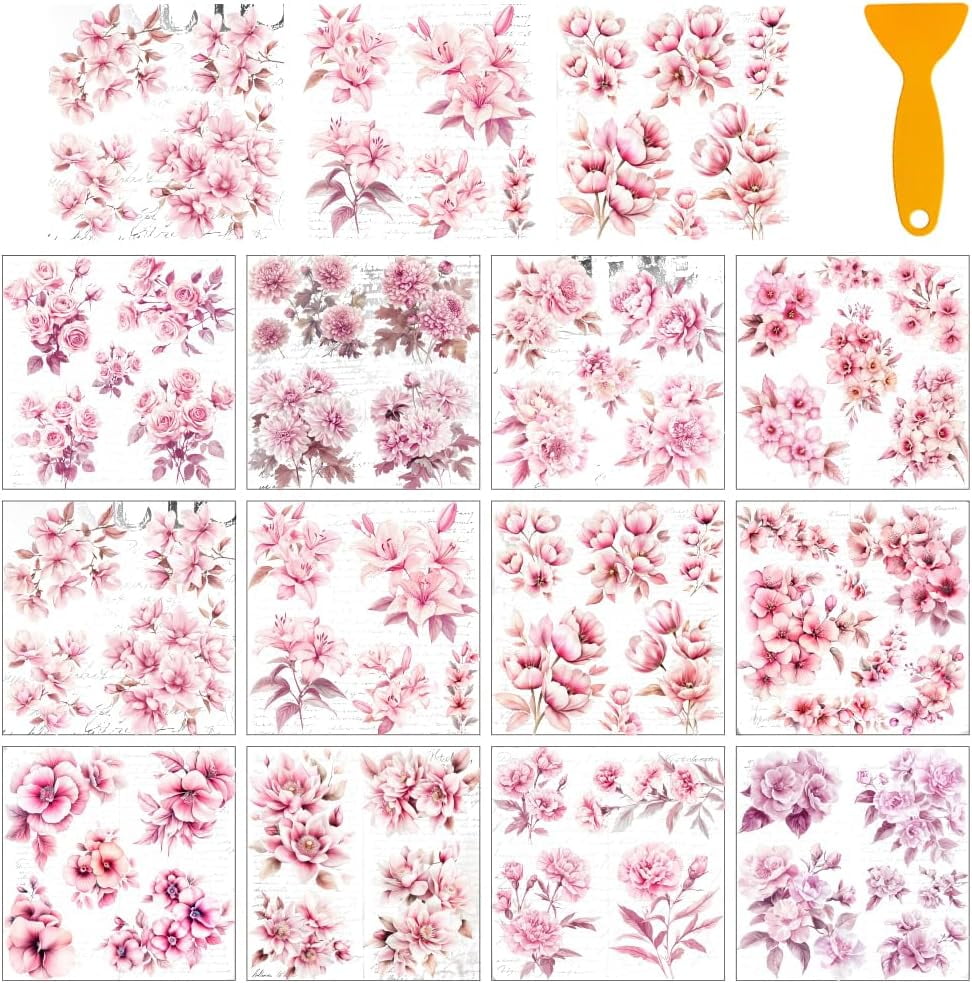 12 Sheets Pink Flowers Theme Rub on Transfer Stickers Peonies Roses ...