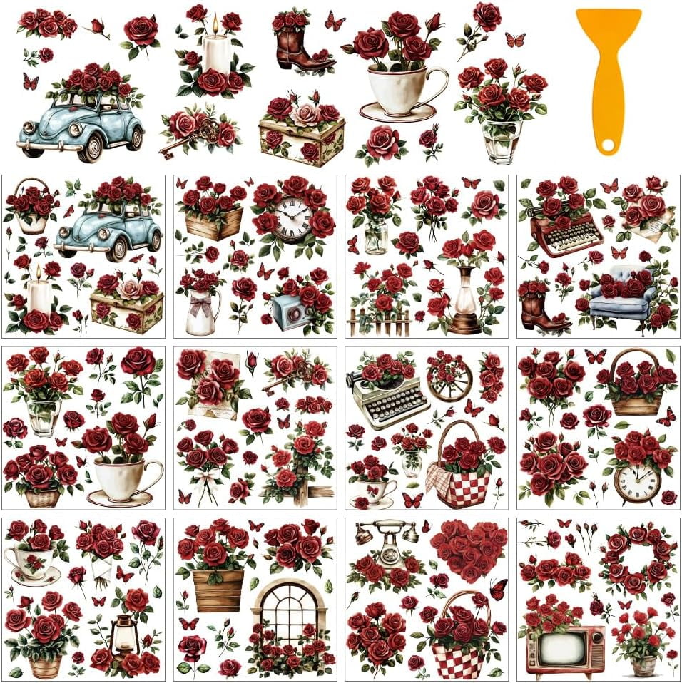 12 Sheets Red Rose Rub on Transfers for Crafts Love Hot Rose Flower Rub ...