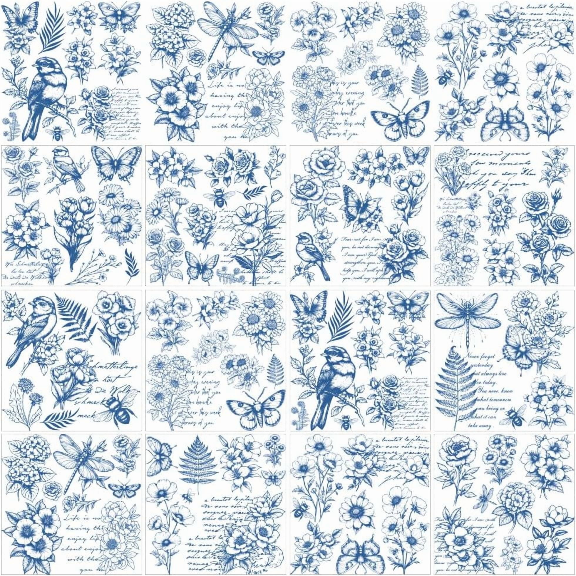 12 Sheets Retro Blue Pen Drawings Rub on Transfers 12 Style Blue Floral ...