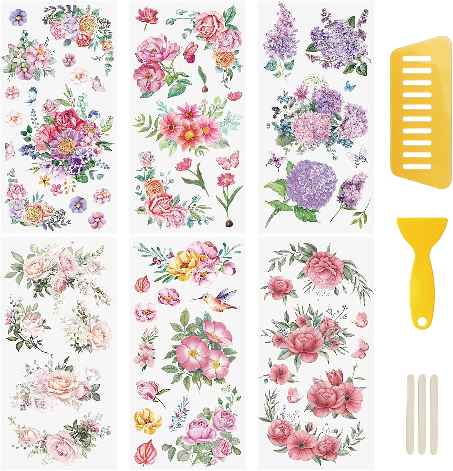 12 Sheets Rub On Transfer Stickers,Bright Flower Decals Waterproof ...