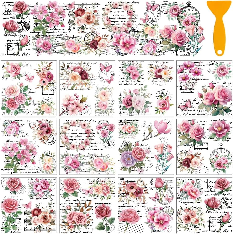 12 Sheets Rub On Transfer Stickers with Scraper Vintage Floral Stickers ...