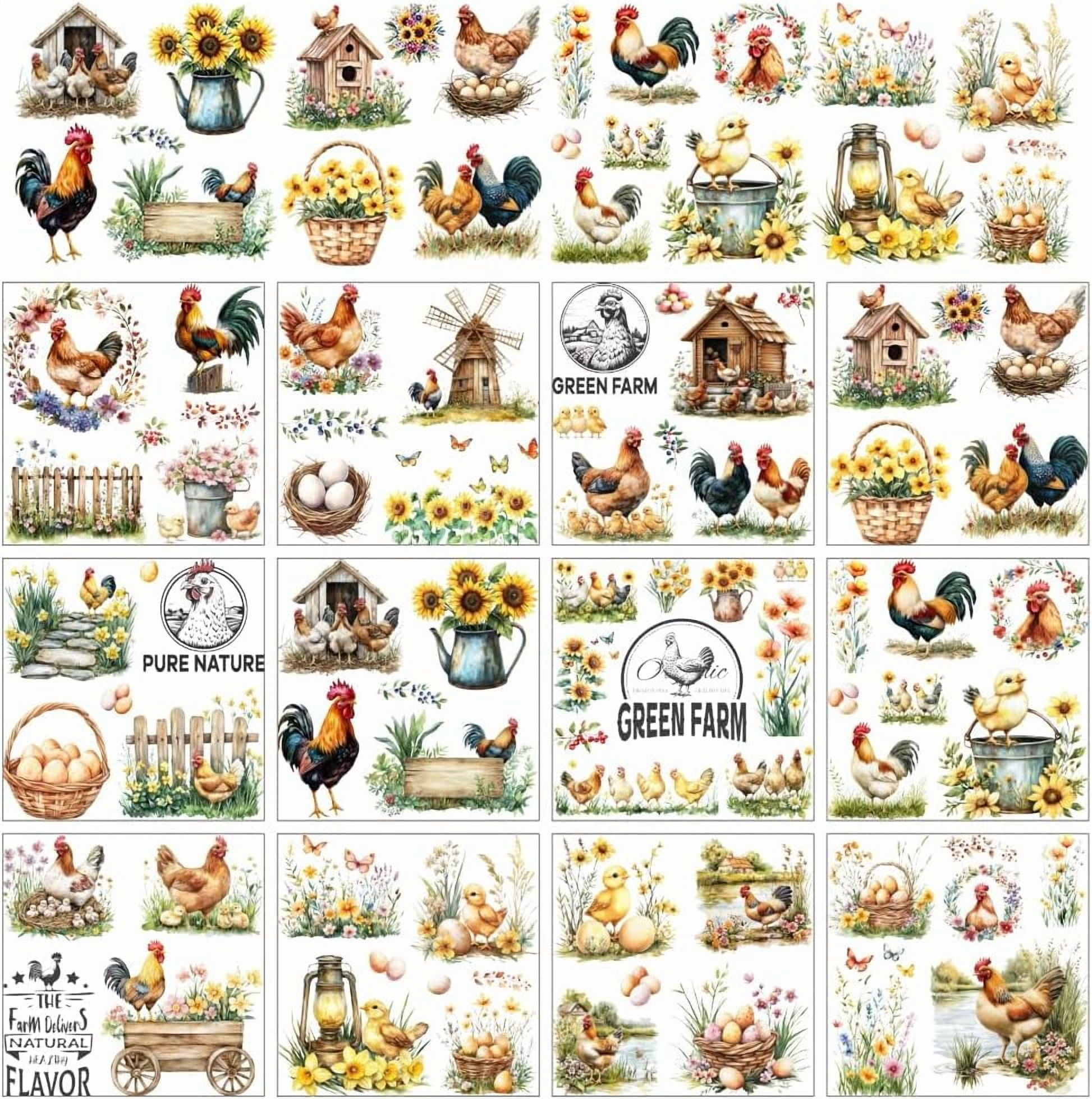 12 Sheets Rub On Transfer Stickers Farm Themed Stickers with Roosters ...