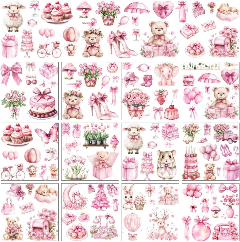 12 Sheets Rub On Transfer Stickers Pink Bear Stickers Cute Animals ...