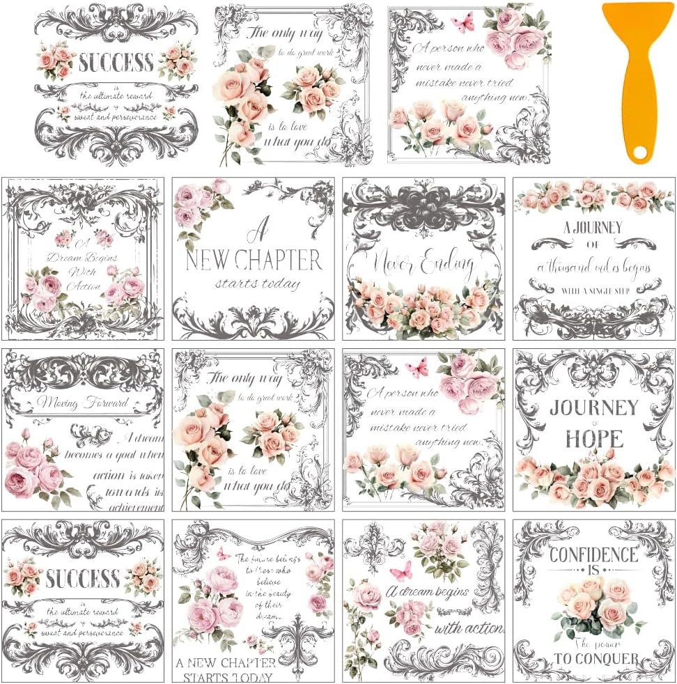 12 Sheets Rub On Transfer Stickers with Scraper Vintage Aesthetic ...