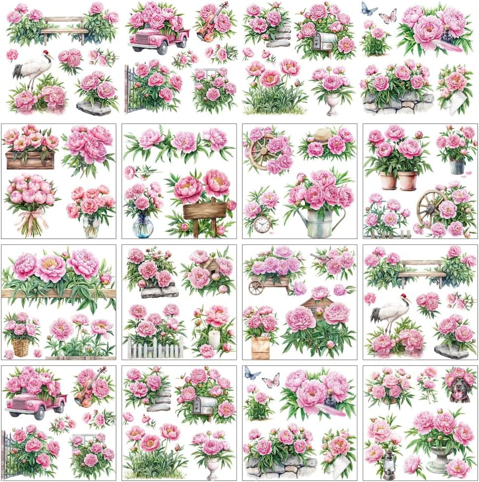 12 Sheets Rub On Transfer Stickers Vintage Themed Pink Flower Stickers ...