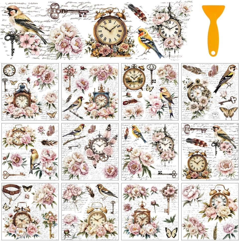 12 Sheets Rub on Transfers for Crafts Clock Bird Butterfly Key Rub on ...