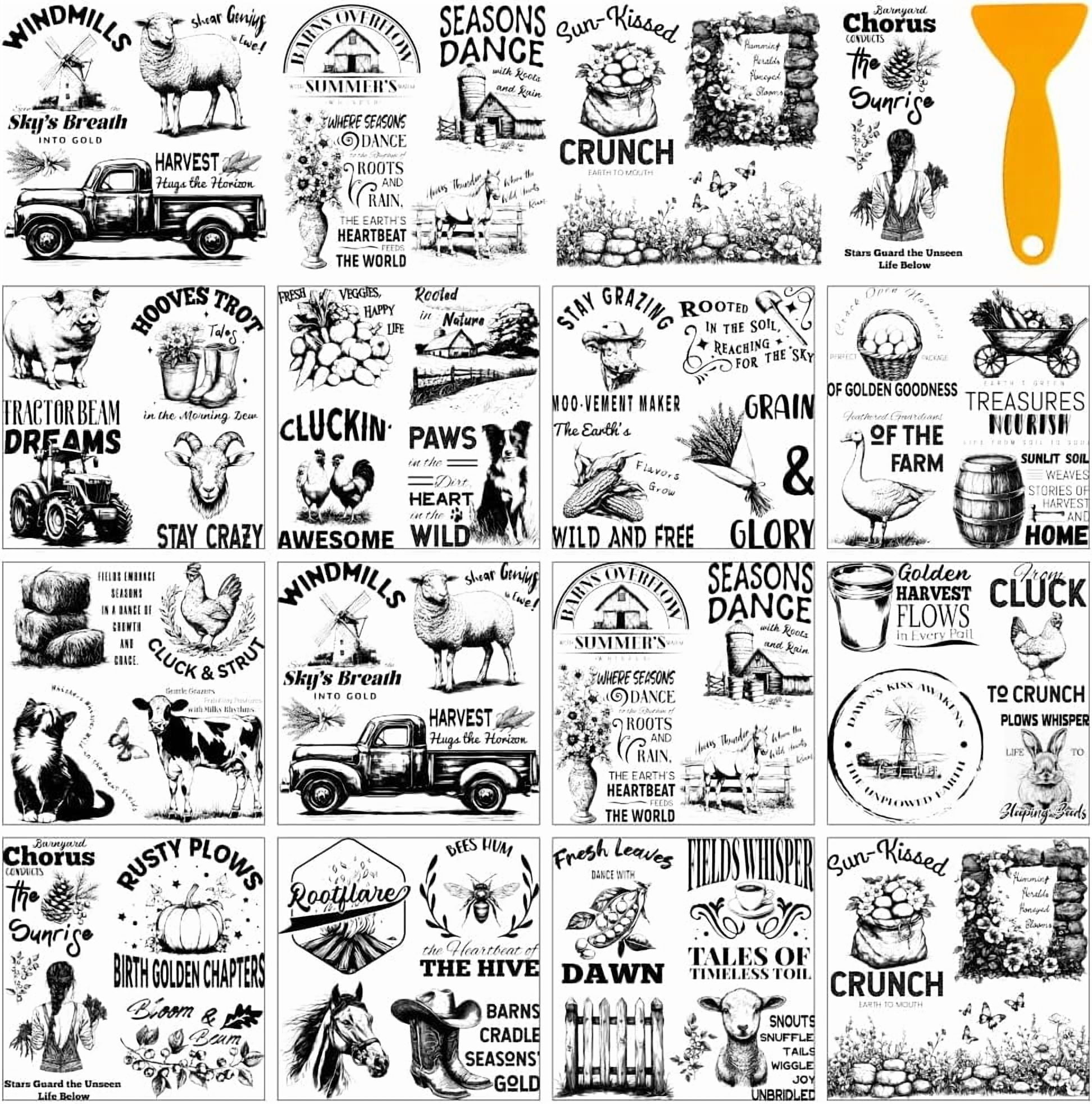 12 Sheets Rustic Farm Theme Rub on Transfer Stickers Animals Tractors ...