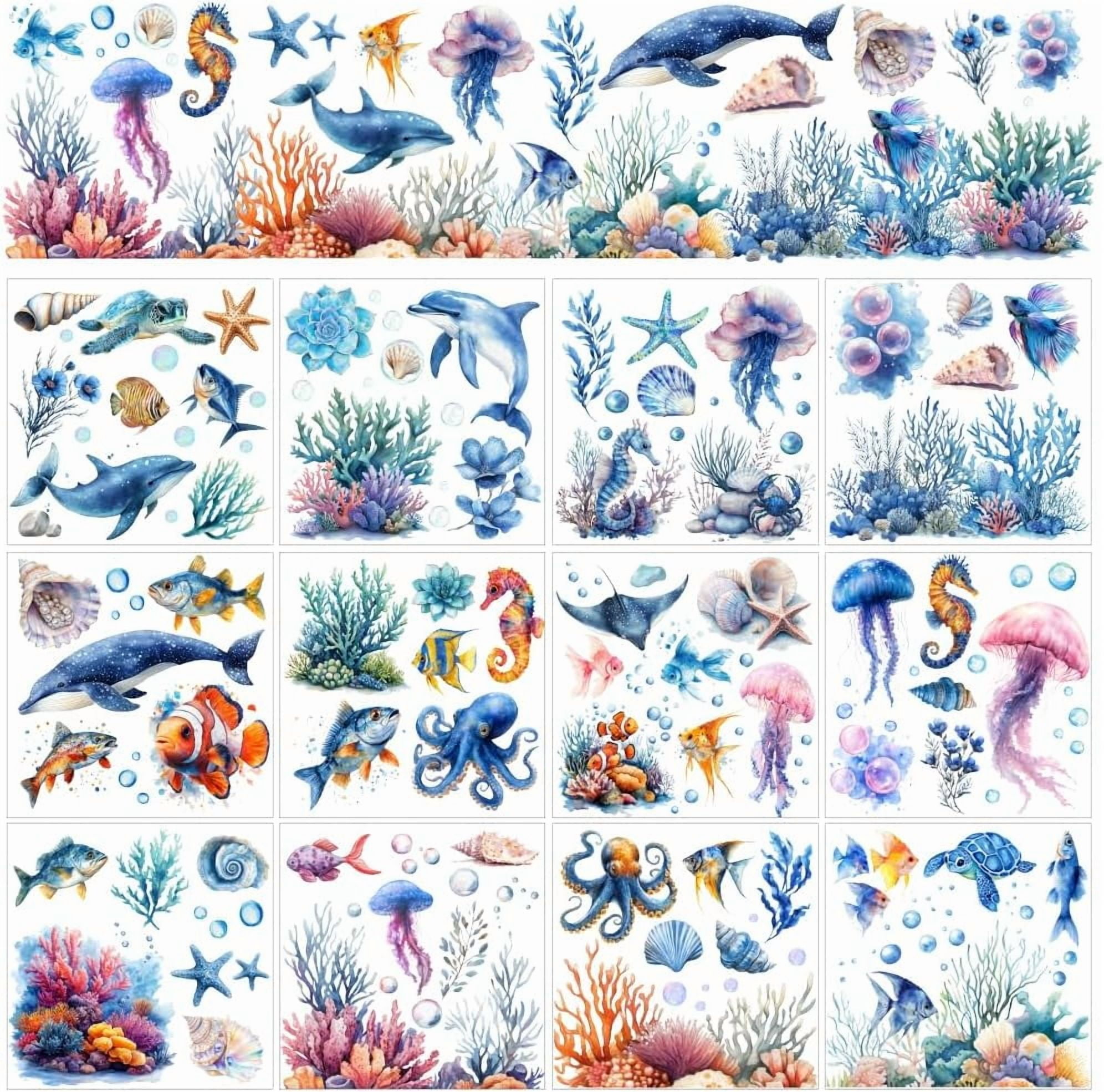 12 Sheets Sea Animal Theme Rub on Transfers for Crafts Dolphins Octopus ...