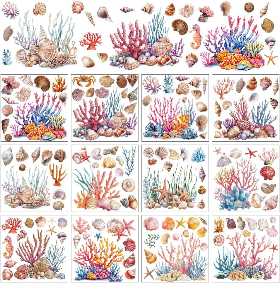12 Sheets Sea Life Rub on Transfers for Crafts Ocean Shellfish Coral ...