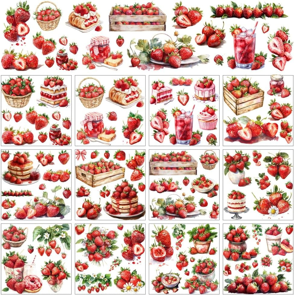12 Sheets Strawberry Rub On Transfer Stickers Fresh Fruit Themed Window ...