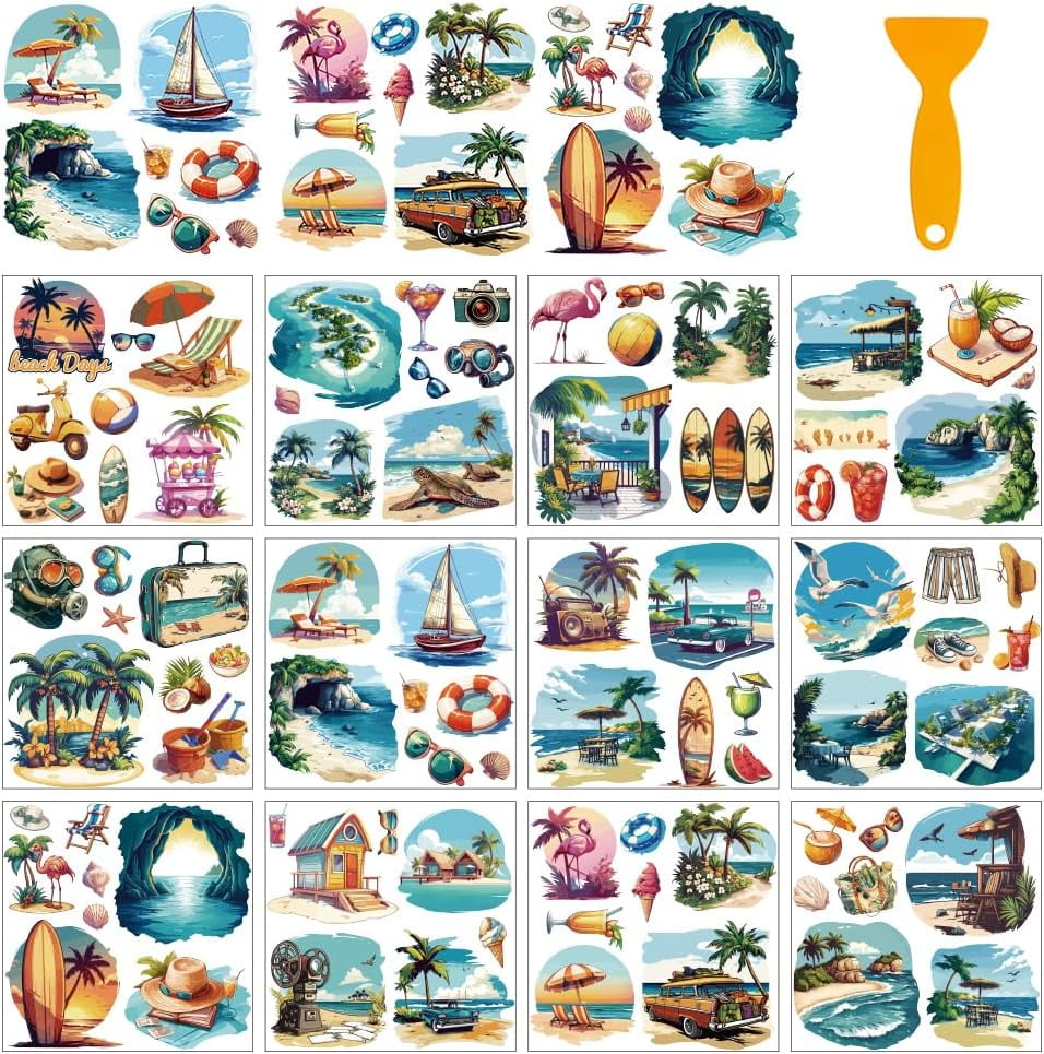 12 Sheets Summer Seaside Theme Rub on Transfers for Craft Coconut Trees ...