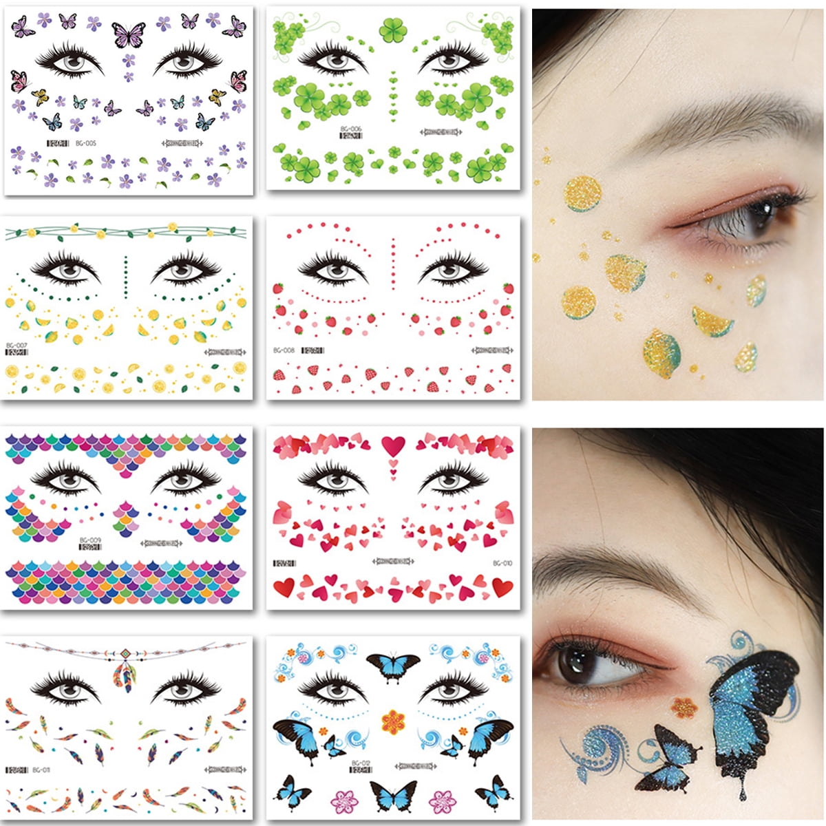 12 Sheets Temporary Tattoo Cute Flash Glitter Face Stickers Little ...